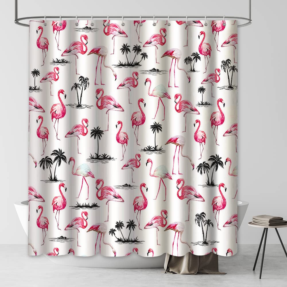 MEHOFOND Flamingo Shower Curtain Pink Flamingos in Vintage Style Illustration Love and Romantic Animals Watercolor Bath Chic Tropical Home Bathroom 72x72 Inches