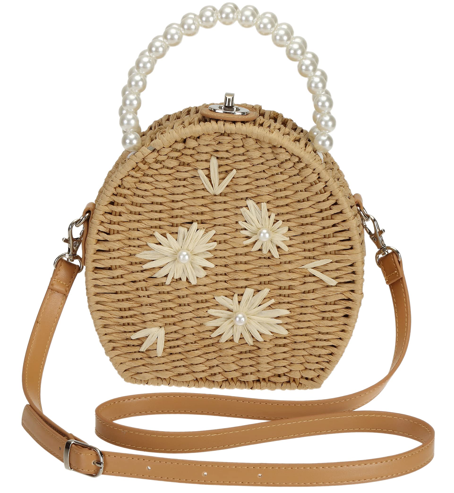 TaiGuri Women's Handmade Straw Artificial Pearl Handle Flower Woven Purse Handbag Tote Bag Khaki
