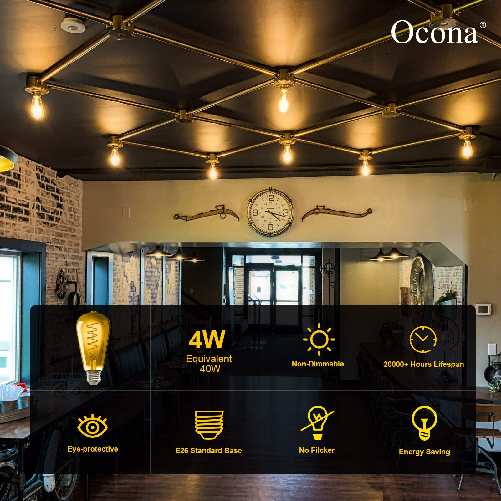 Ocona Vintage Edison LED Light Bulbs 40W Equivalent, E26 Medium Base, ST64 Amber Glass Light Bulb, High CRI 90, 2000K Warm Yellow Light, Pack of 4