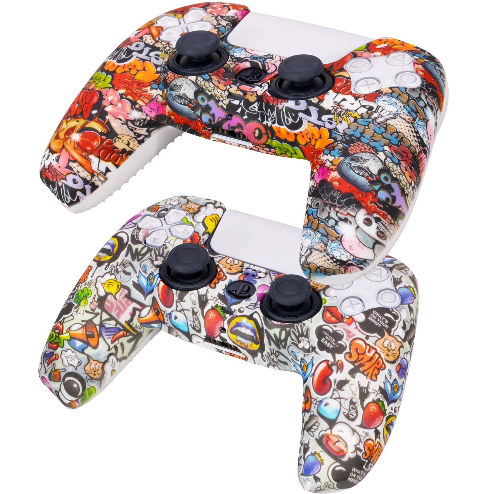 MXRC Silicone Rubber Cover Skin case Anti-Slip Transfer Printing Customize Camouflage for PS5 Dualsense Controller x 2(Street Art Pack) + FPS PRO Extra Height Thumb Grips x 8