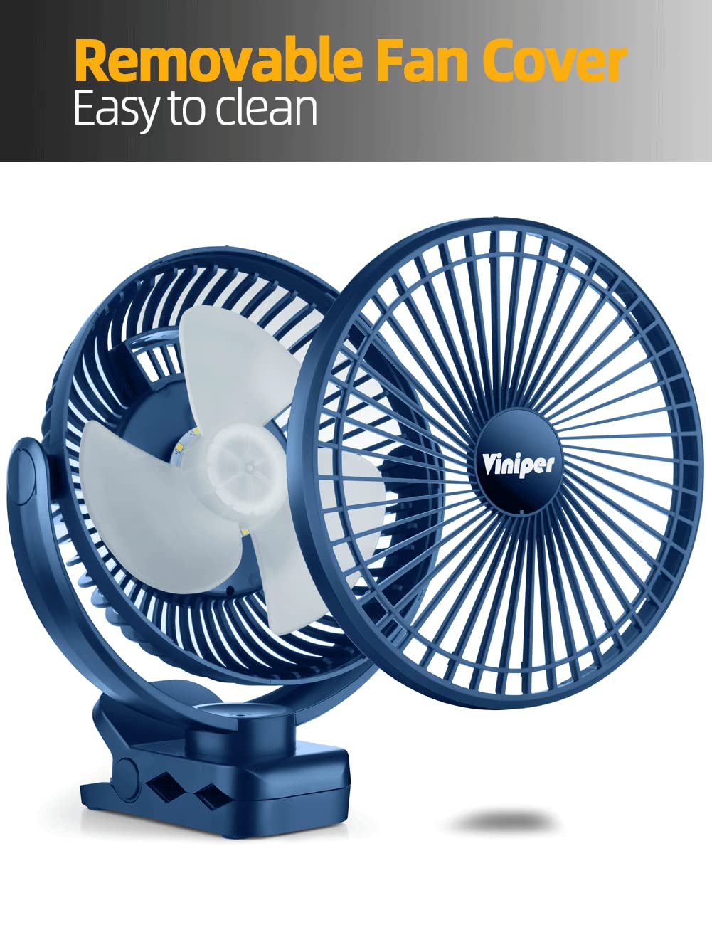 Viniper 8 inch Rechargeable Clip Fan with LED Light, 10000mah Battery Camping Hanging Fan with Timer : 360° Rotation, 3 Speeds, Tent Fan with Hanging Hook - Blue