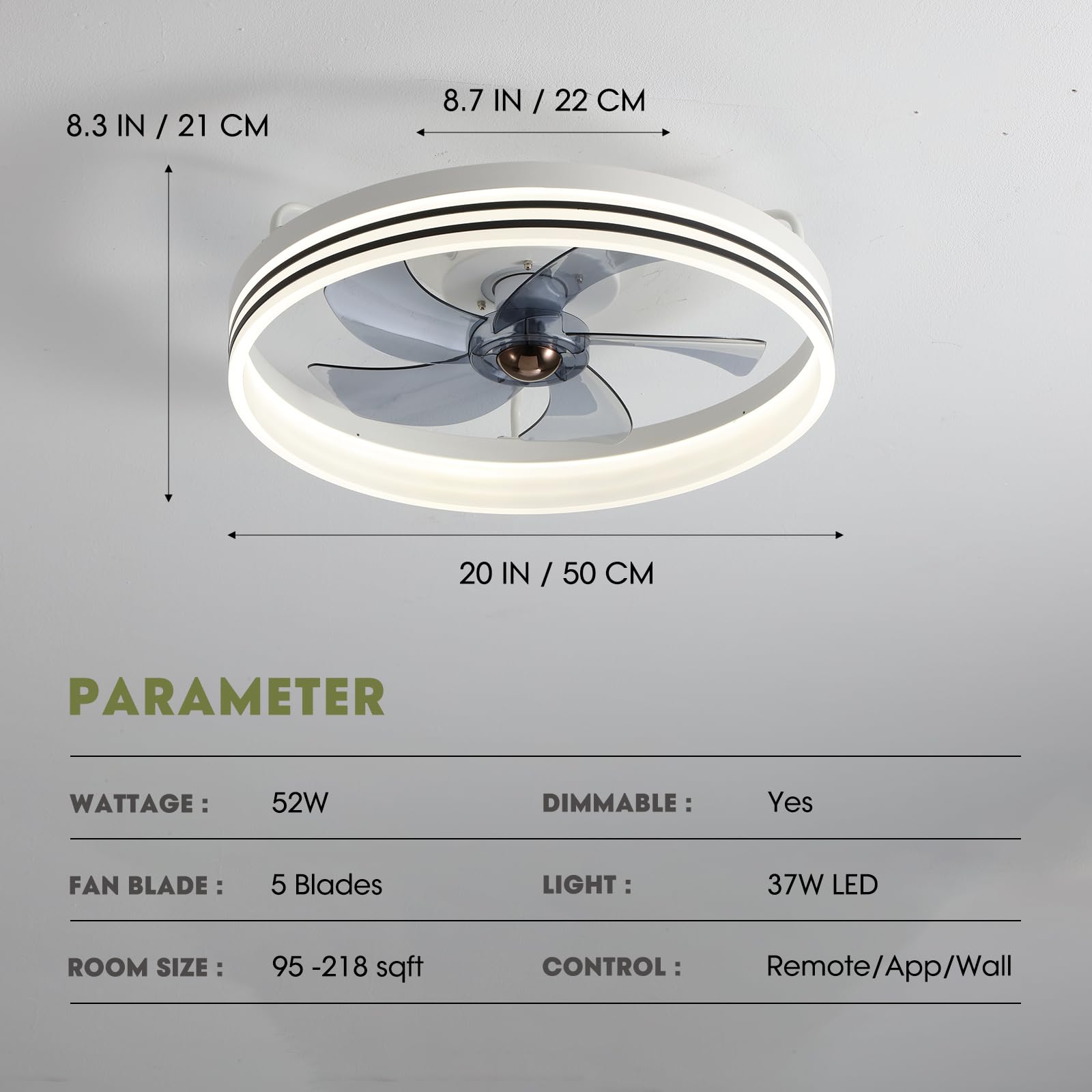 LUDOMIDE Ceiling Fans with Lights, Flush Mount Ceiling Fan with Lights and Remote, 6 Wind Speeds Smart Low Profile Ceiling Fan for Bedroom, Dining Room and Kitchen 20" (White)