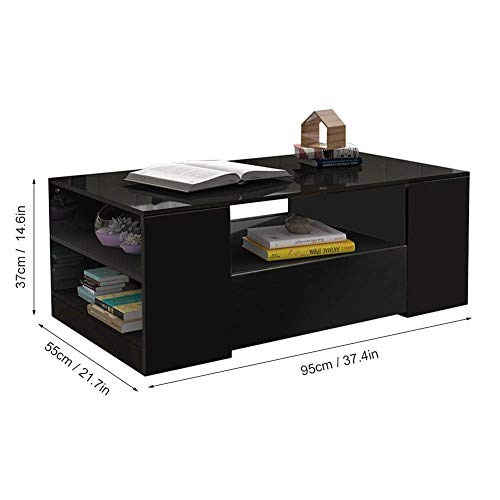 Modern Coffee Table, High Gloss Cocktail Coffee Table Contemporary Glossy End Table Rectangle Design with Drawers and Storage Shelf for Home Living Room Office Furniture, Black