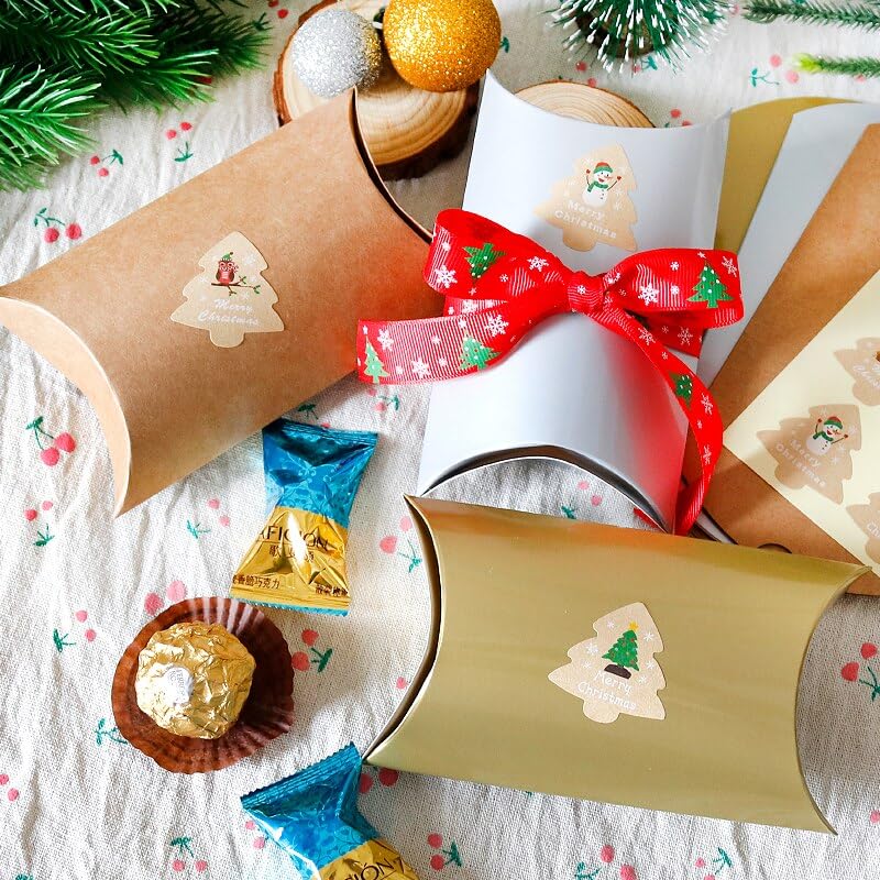 MODADA Gift Bags 6sets Christmas Gift Box Pillow Shape Kraft Paper Boxes New Year Party Gift Wrapping Packaging Bag Craft Candy Box with Stickers (Color : Kraft)