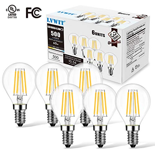 LVWIT E12 Candelabra LED Light Bulbs Dimmable 60 Watt Equivalent, Decorative G45 LED Globe Bulbs, 500 Lumens, Warm White 2700K, Filament Clear Glass, Pack of 6