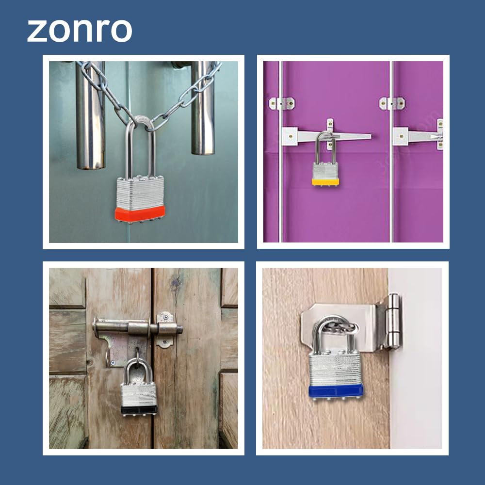 ZonRo Locks Laminated Steel Keyed Padlocks Keyed Alike Locks, Long Shackle Padlocks, for Hasp Latch, Sheds, Fences, Storage Locker, School, Gym,Pack of 6