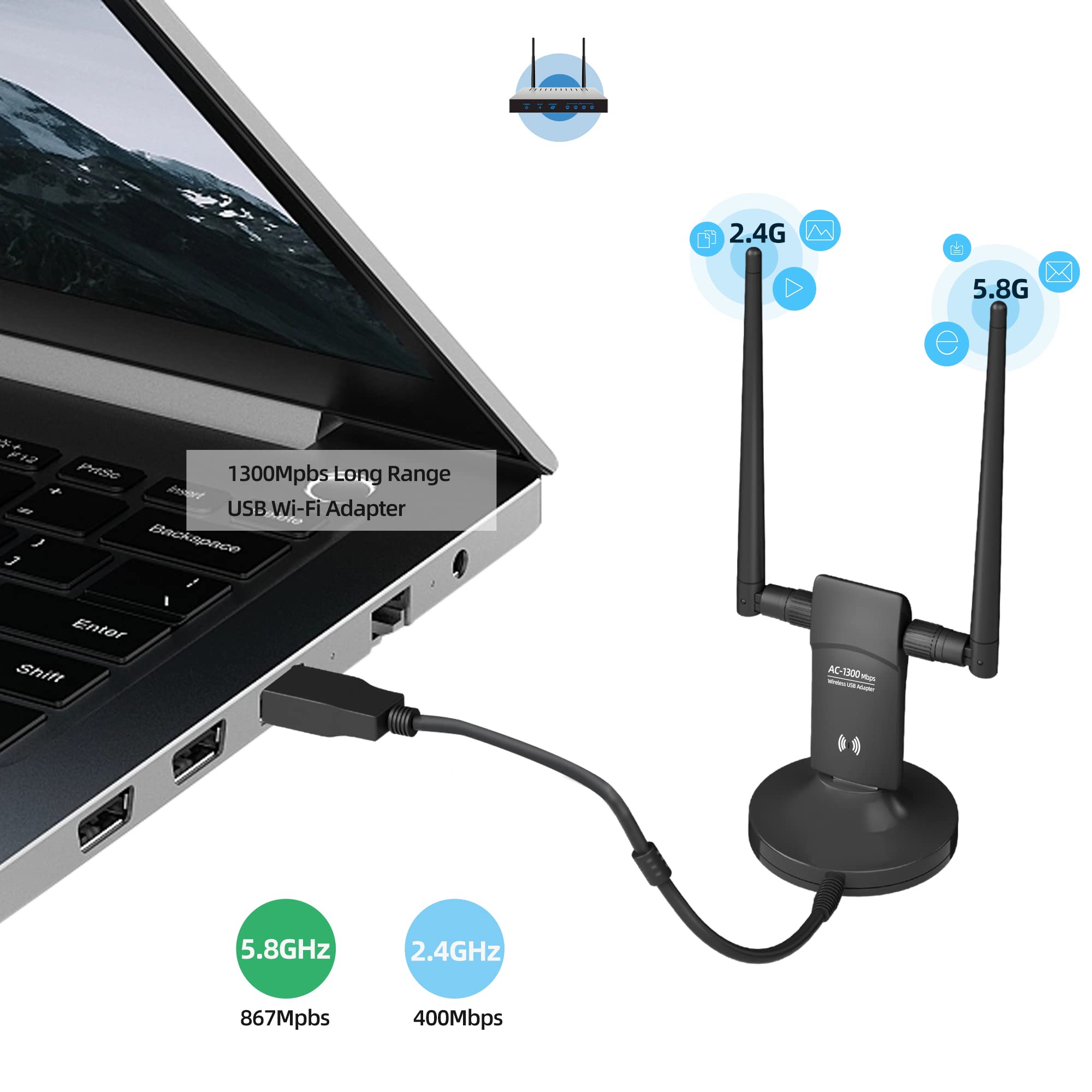 Zoolan 1300Mbps Long Range USB WiFi Adapter for PC: Desktop Laptop of Windows 11/10/8.1/8/7, USB Wireless Adapter Dual Band 2.4GHz 400Mbps + 5.8GHz 867Mbps, 2X 5dBi High Gain Antennas, USB 3.0 Cradle