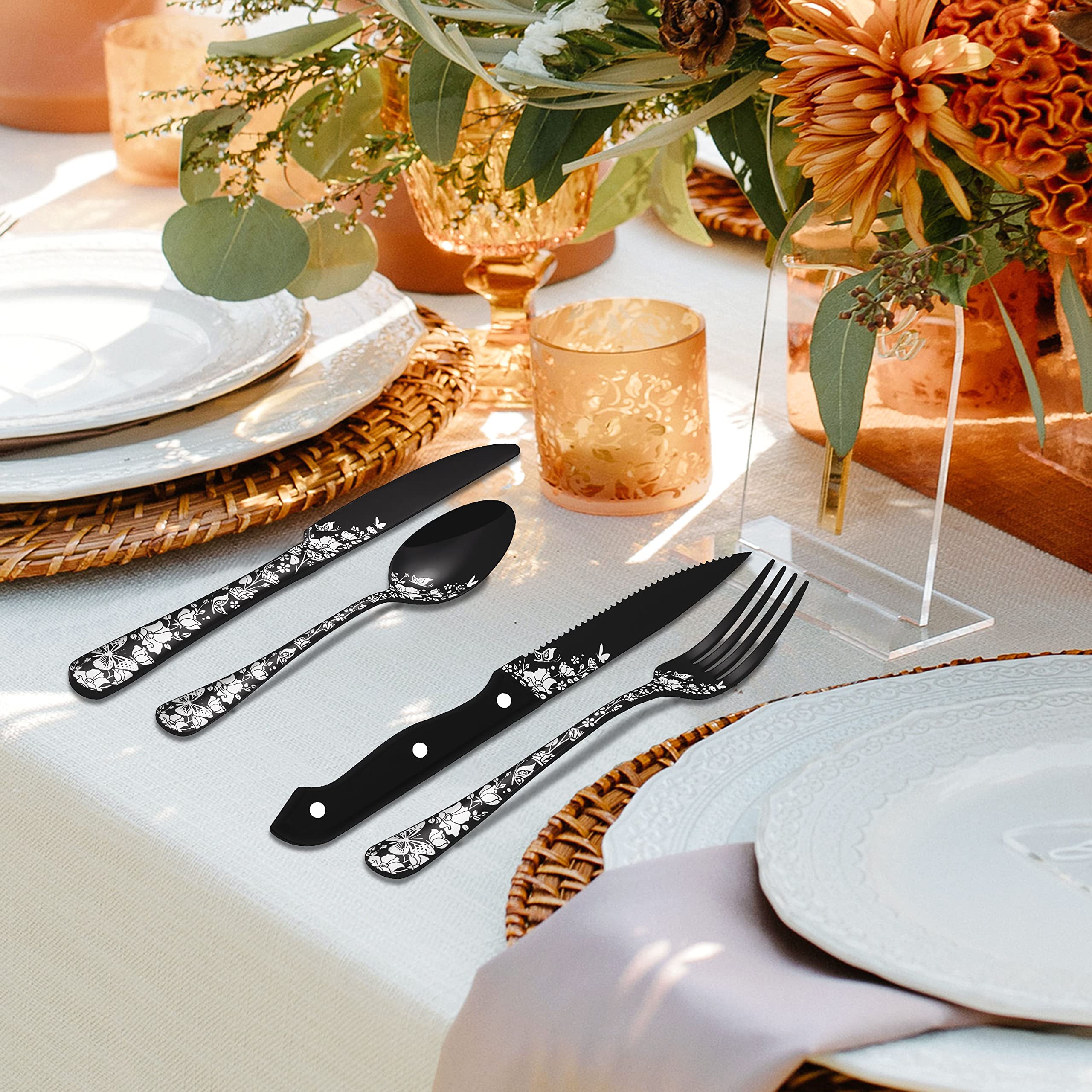 Stapava 48-Piece Black Silverware Set with Steak Knives for 8, Stainless Steel Flatware Set, Mirror Polished Cutlery Utensils Set, Include Knives Forks Spoons Set, Dishwasher Safe