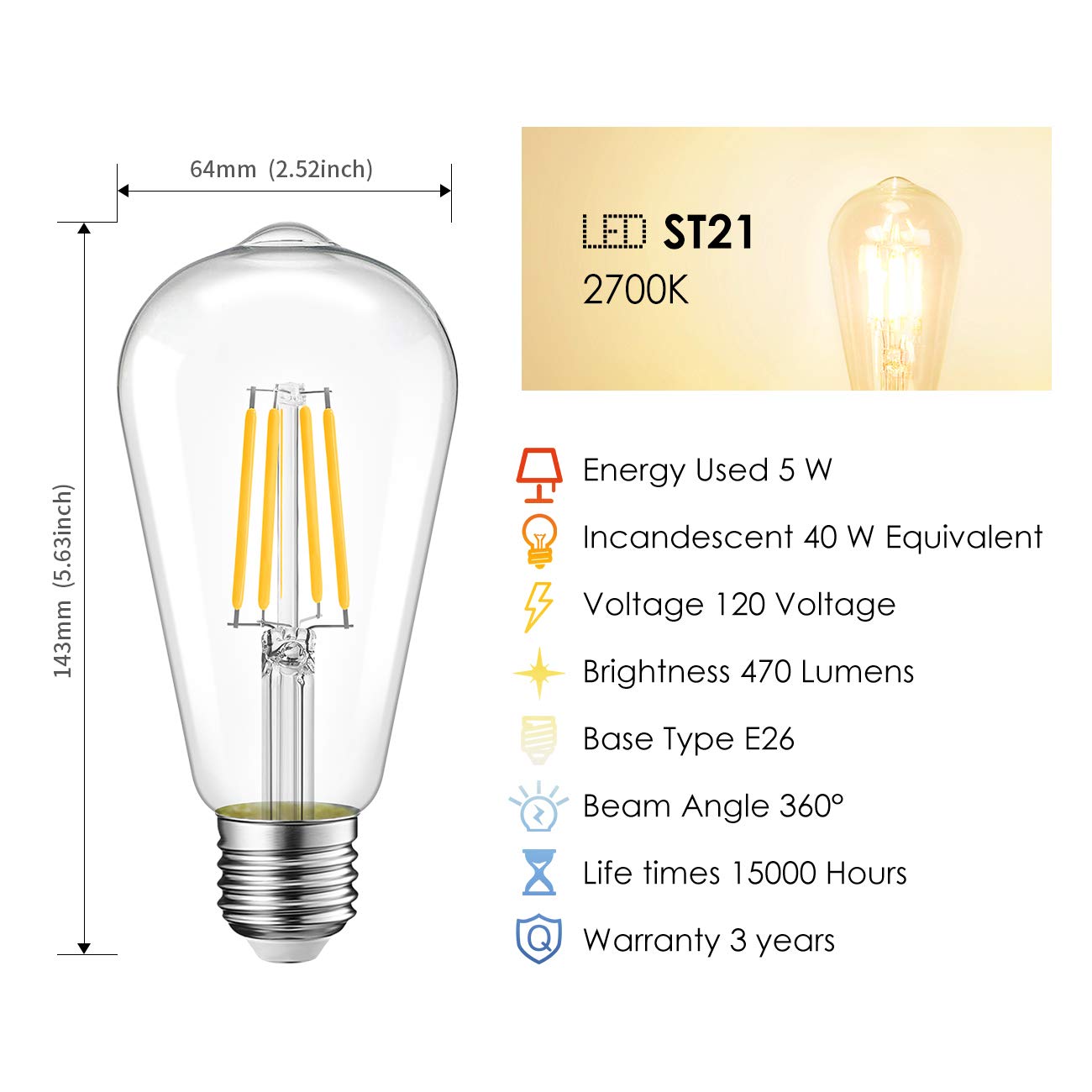 LVWIT ST21 LED Filament Bulb 5W(40 Watt Equivalent) Dimmable 2700K Warm White Vintage Edison Light Bulb E26 Medium Base (6-Pack) (5W-Warm White)