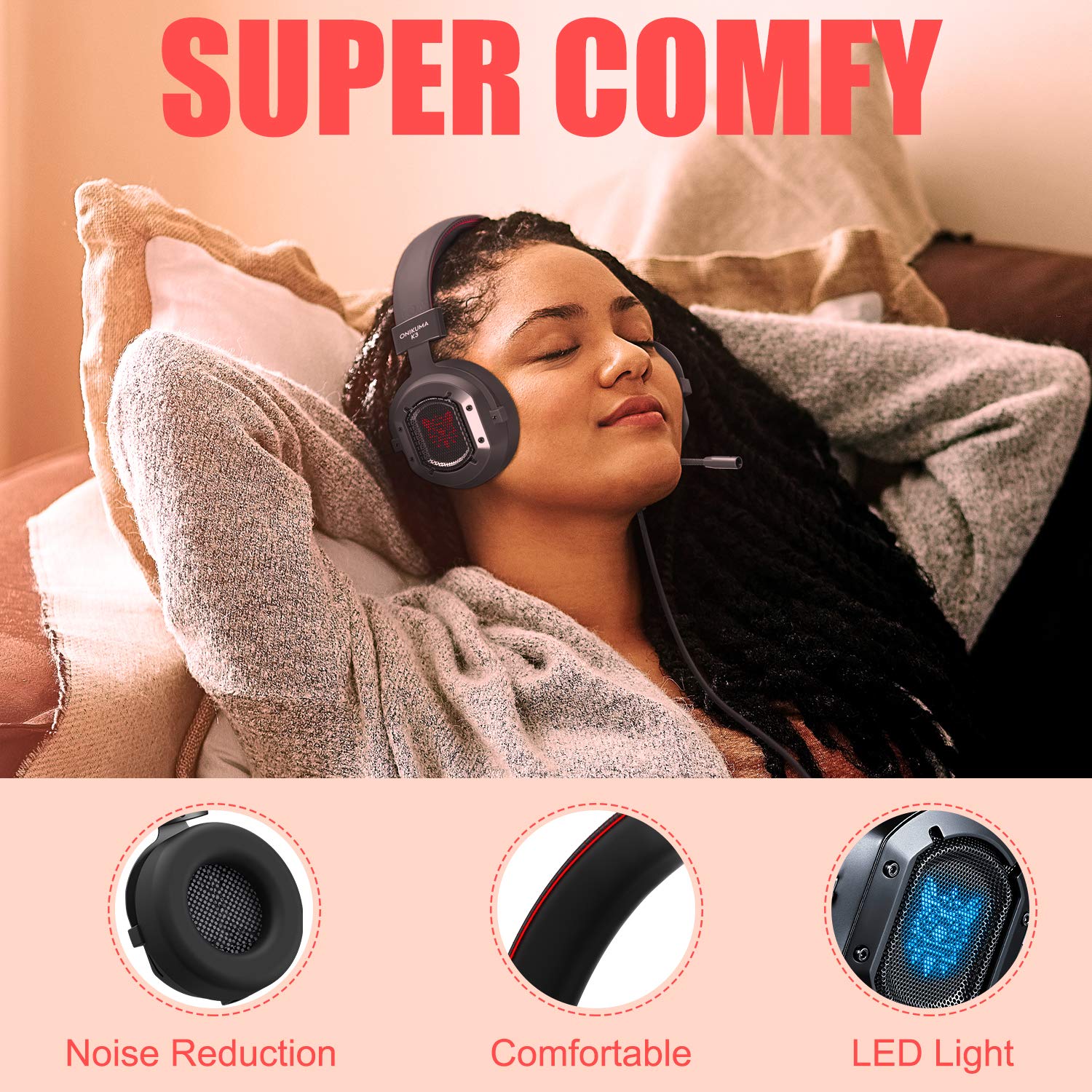 MMUSC Gaming Headset, Stereo Headphones for Laptop, Tablet, PS4, PC, Xbox One Controller, Noise Cancelling Over Ear Headset with Mic, LED Light, Bass Surround