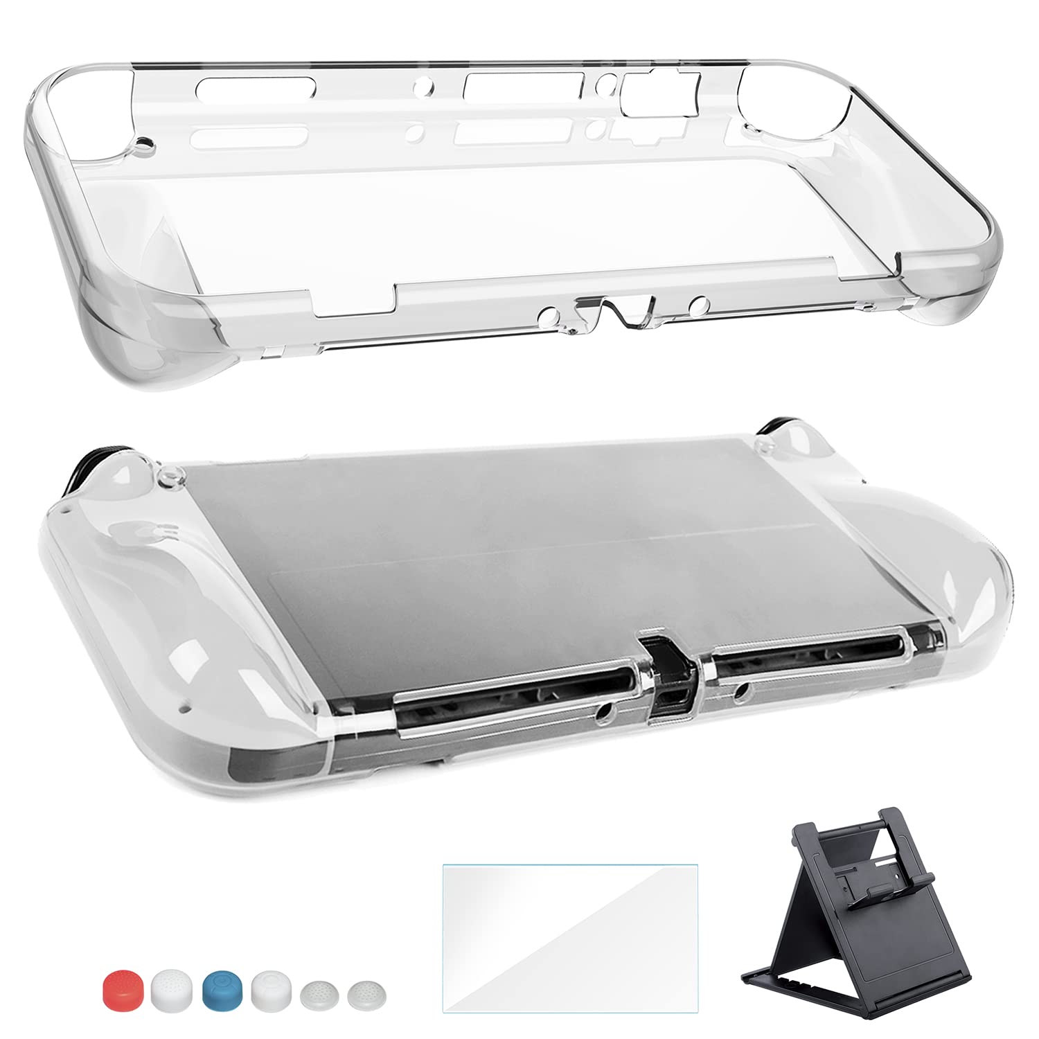 omarando Protective Case for Nintendo Switch (OLED model), Soft TPU Case,with Tempered Screen Protector,Adjustable Console Stand and Thumb Grip (Translucent Clear)