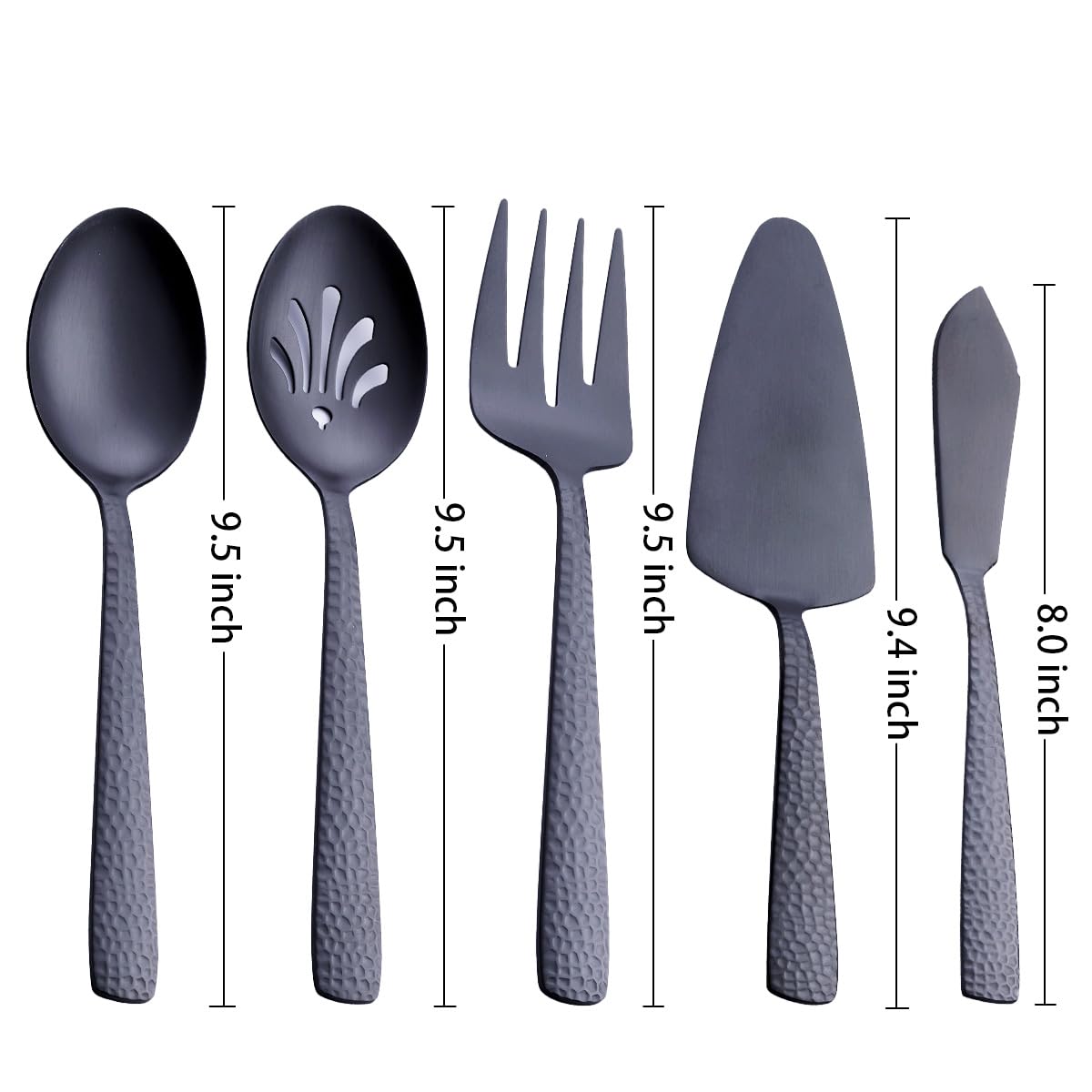Matte Black Large Serving Utensil Set, FULLYWARE Stainless Steel Large Hostess Serving Set, include Serving Spoon, Slotted Serving Spoon, Serving Fork, Pie Server and Butter Knife, 5-piece