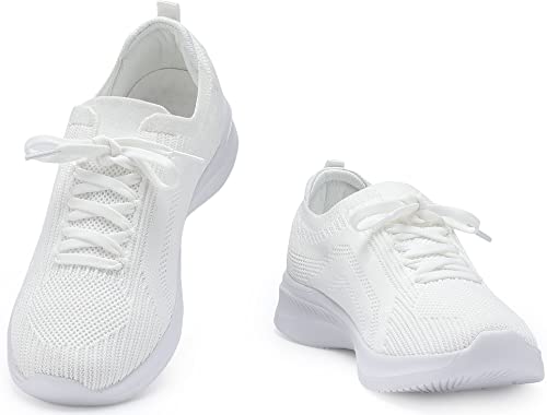 Santiro Womens Walking Tennis Shoes - Memory Foam Comfortable Lightweight Casual Slip On White Sneakers for Gym Work 10 US