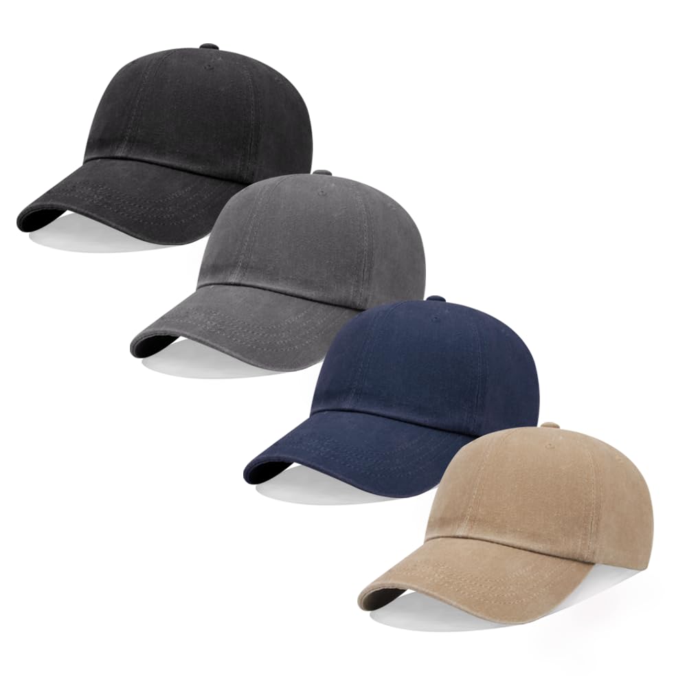 Vintage Washed Baseball Cap Adult Unisex Distressed Retro Adjustable Dad Hat (Black+Gery+Navyblue+Beige,Cotton)