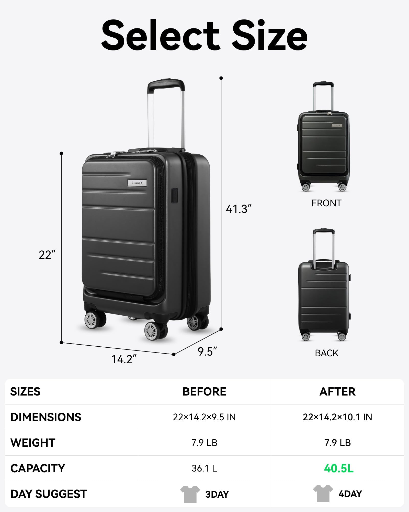 LUGGEX Carry On Luggage with Front Pocket, Expandable Polycarbonate Hard Shell Suitcase with USB Port (Orange, 20 Inch, 36.1L)