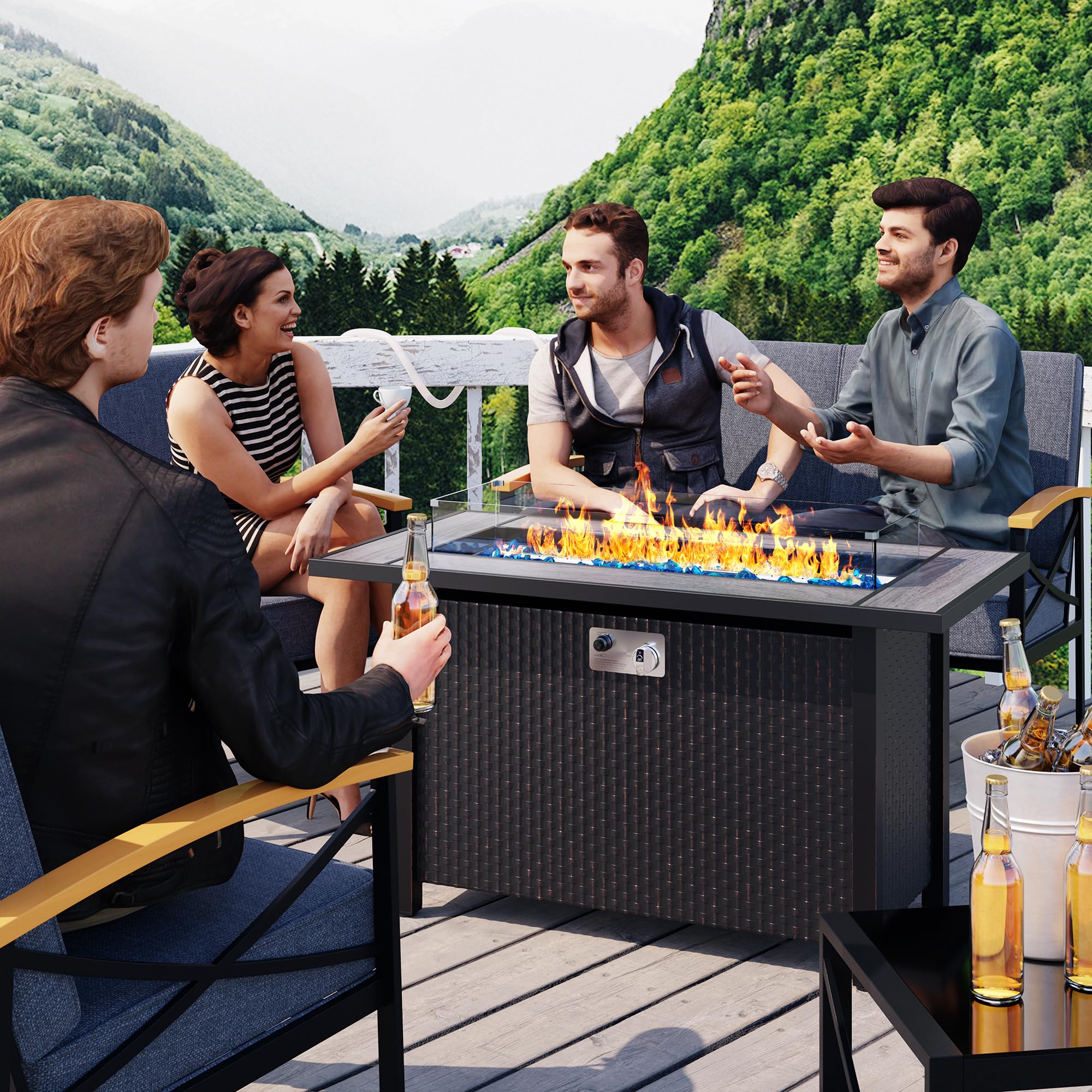 Meilocar 45in Fire Table, Propane Fire Pit with Glass Wind Guard and Rain Cover, Outdoor Firepit Table 50000 BTU 3-in-1 Fire Table for Patio/Yard/Balcony, Gray Tabletop