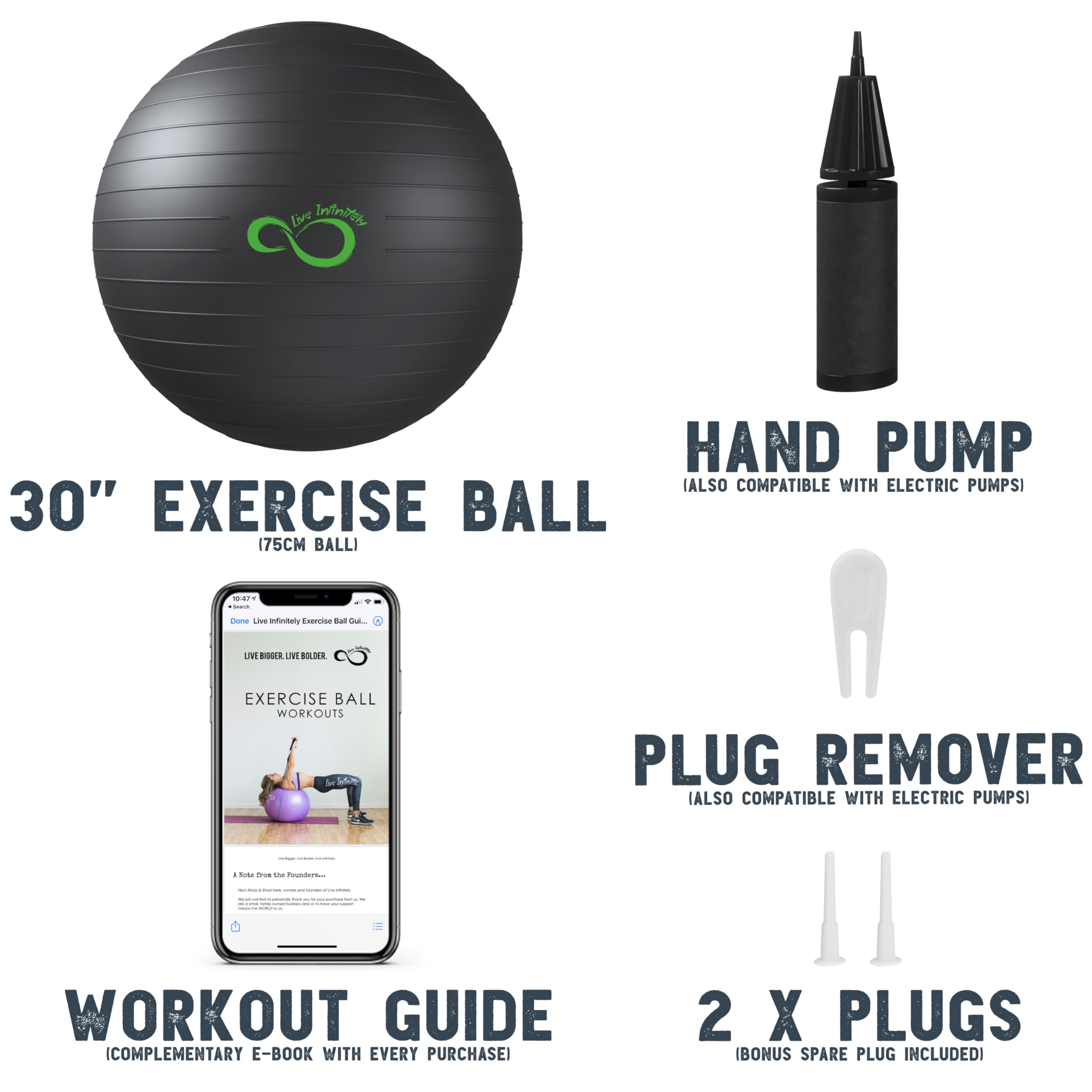 Live Infinitely Exercise Ball (55cm-95cm) Extra Thick Professional Grade Balance & Stability Ball- Anti Burst Tested Supports 2200lbs- Includes Hand Pump & Workout Guide Access