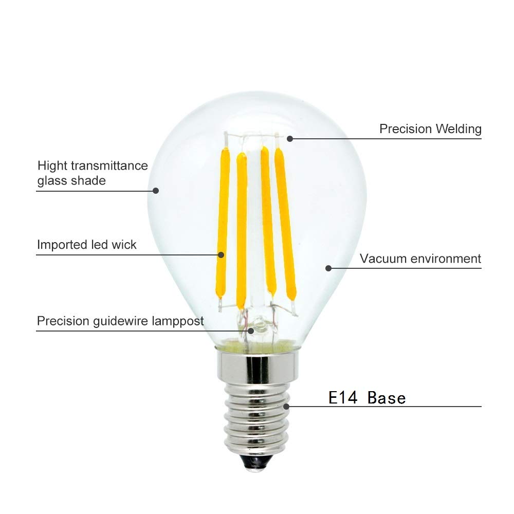 Lxcom Lighting E14 4W LED Filament Bulb Dimmable Vintage Edison Candle Light Bulb 4 Pack 2700K Warm White G45 Clear Glass Globe Lamp 400LM 40W Equivalent, AC 110V