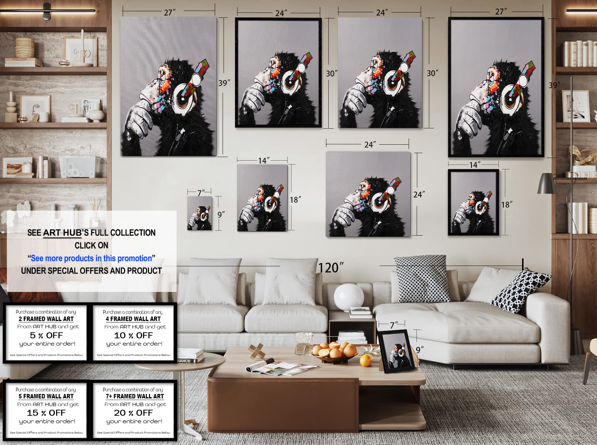 Modern Pop Art Decor - Framed - Thinking Monkey With Headphones Canvas Print Home Decor Wall Art, Gallery Wrap Inner Frame, 24x24