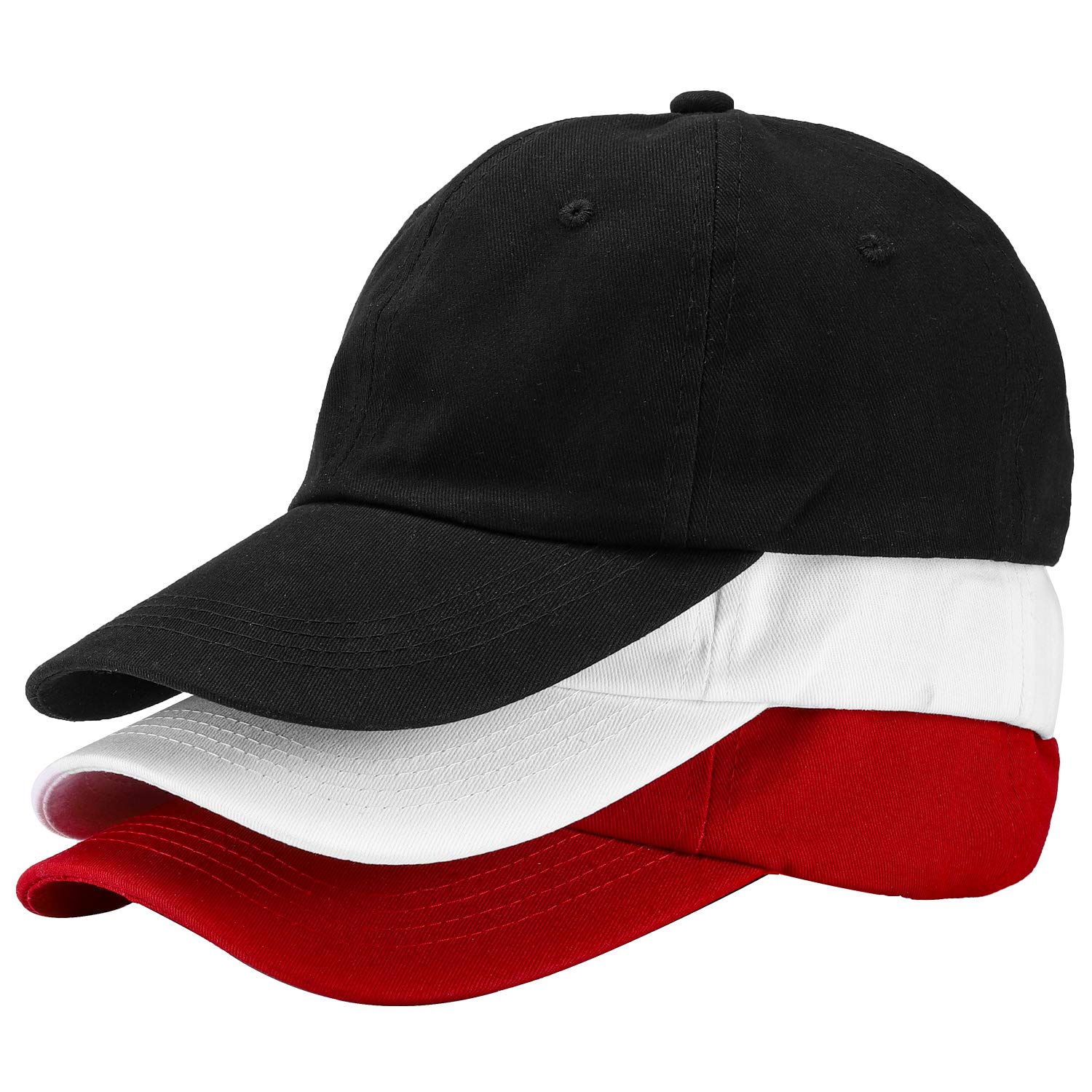 MEINICY 3PCS Classic Baseball Cap, Dad Hat Fits Men Women, All Cotton Made, Adjustable Low Profile Unconstructed (Black+White+Red)