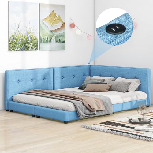 Modern Upholstered Queen Size Platform Bed with USB Ports, Linen Wooden Daybed/Sofa Bed/Low Floor Bed Frame with Backrests for Boys Girls Teens Adults, No Box Spring Needed
