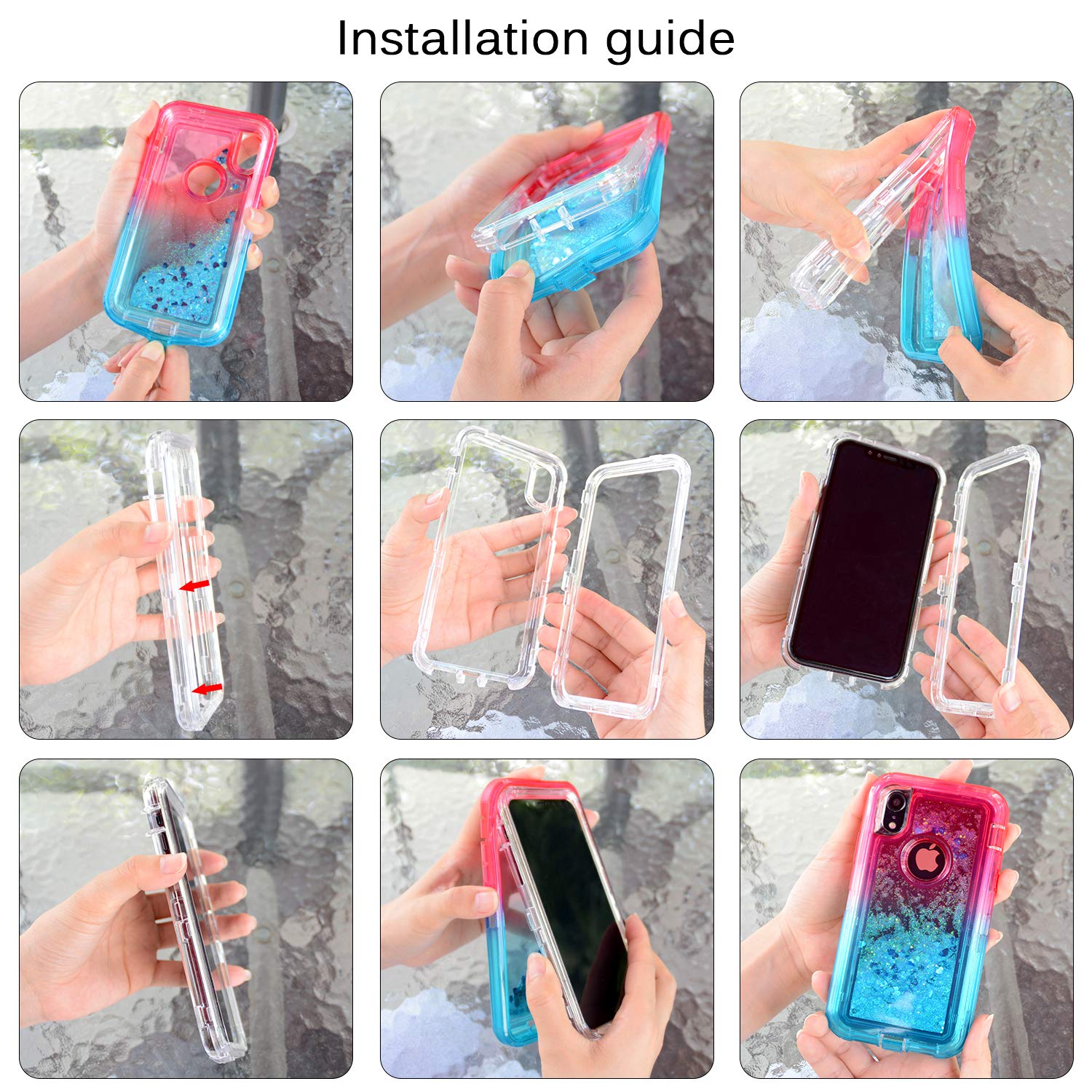 MAXCURY Glitter iPhone XR Case, Defender Flowing 3D Liquid Quicksand Heavy Duty Shockproof Case Hard PC + Gradient TPU Bumper Cover for iPhone XR in 6.1 Inch. (Pink/Blue)