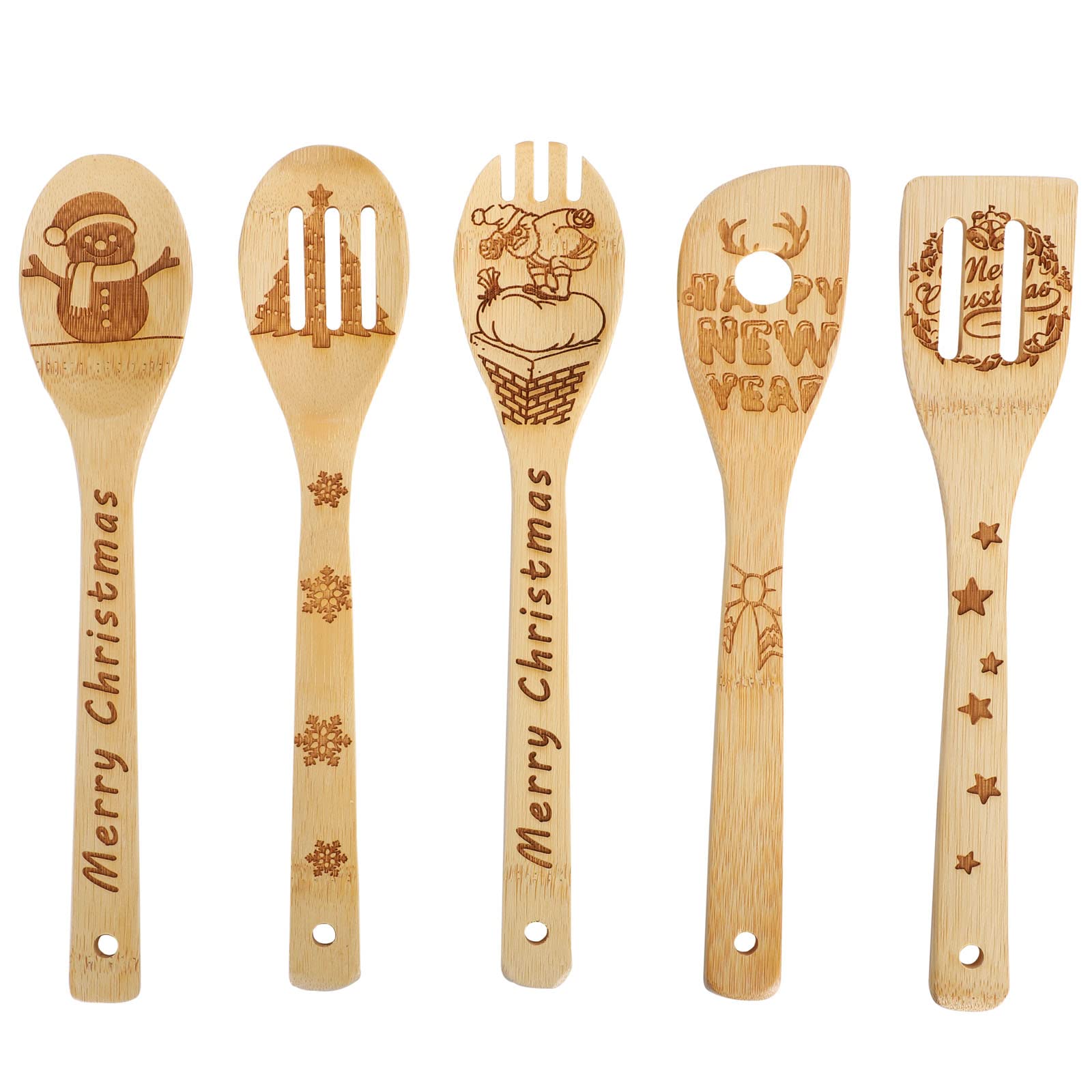 LUKYBIRDS 5Pcs Wooden Spoons Set for Cooking Burned Wooden Spatula Bamboo Spoons Serving Kitchen Utensil Gadgets Fun House Present Slotted Spoon
