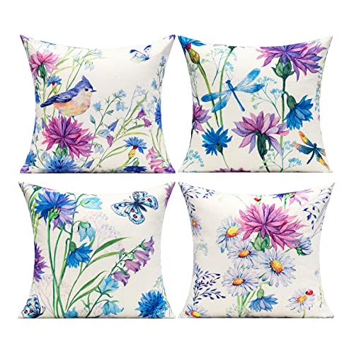 VAKADO 16x16 Set of 4 Outdoor Pillow Covers Summer Patio Furniture Cushion Cases Spring Garden Bird Butterfly Ladybug Decorative for Porch Bench Couch Sofa