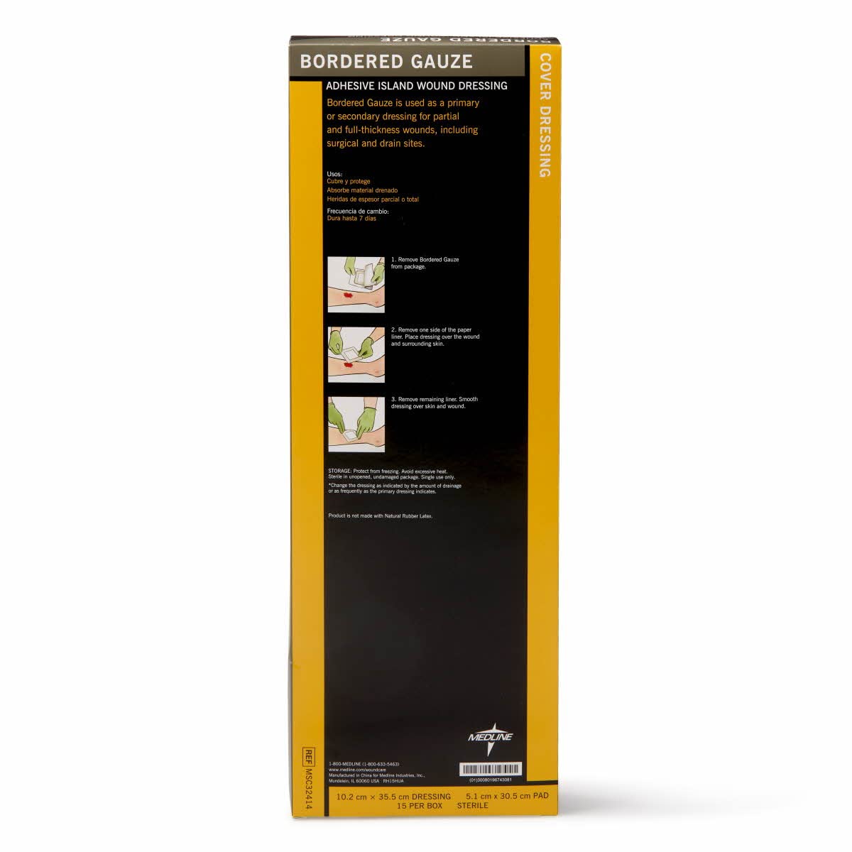 Medline Bordered Gauze, 4" x 14" Adhesive Island Wound Dressing, Sterile, 15 Count