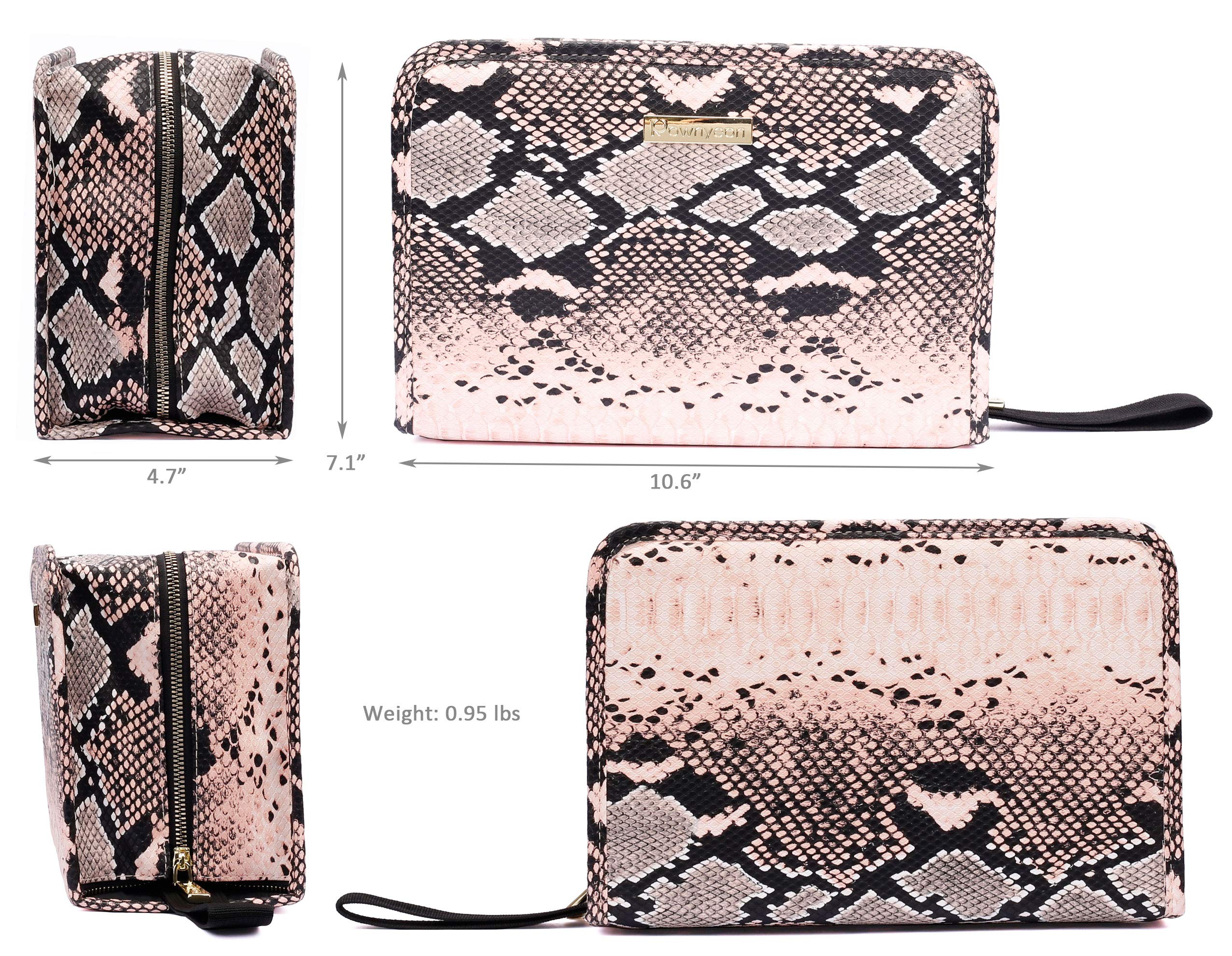 ROWNYEON Lipstick Organizer Bag Case Lipstick Holder 67 Slots Snake Print Portable Travel Makeup Bag Cosmetic Case Lipstick Carrying Case Makeup Storage Bag Case For Lip Gloss,Mascara-Pink PU Leather