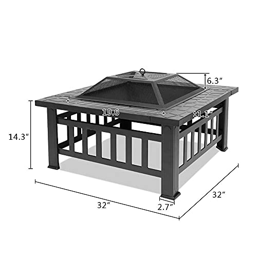 Multifunction Fire Pit Table w/Spark Screen, Fireplace Poker, Grate, Outdoor Fire Pits BBQ Bowl, Square Metal Firepit Table for Backyard Patio Bonfire Garden