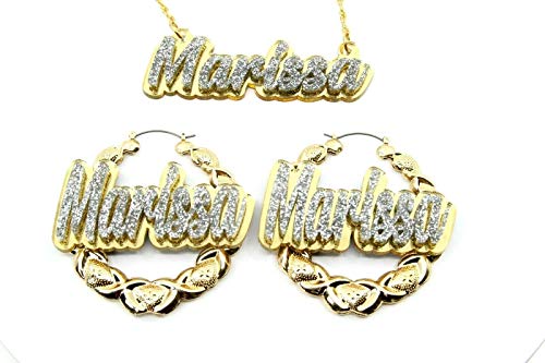 Name Necklace Plate Personalized Custom Nameplate and 2.5" XOXO Gold Earrings Made To Order Any Name Jewelry Set Laser Cut Diamond Look Glitter Script Cursive Letters, Quality Gold Chain, Stunning