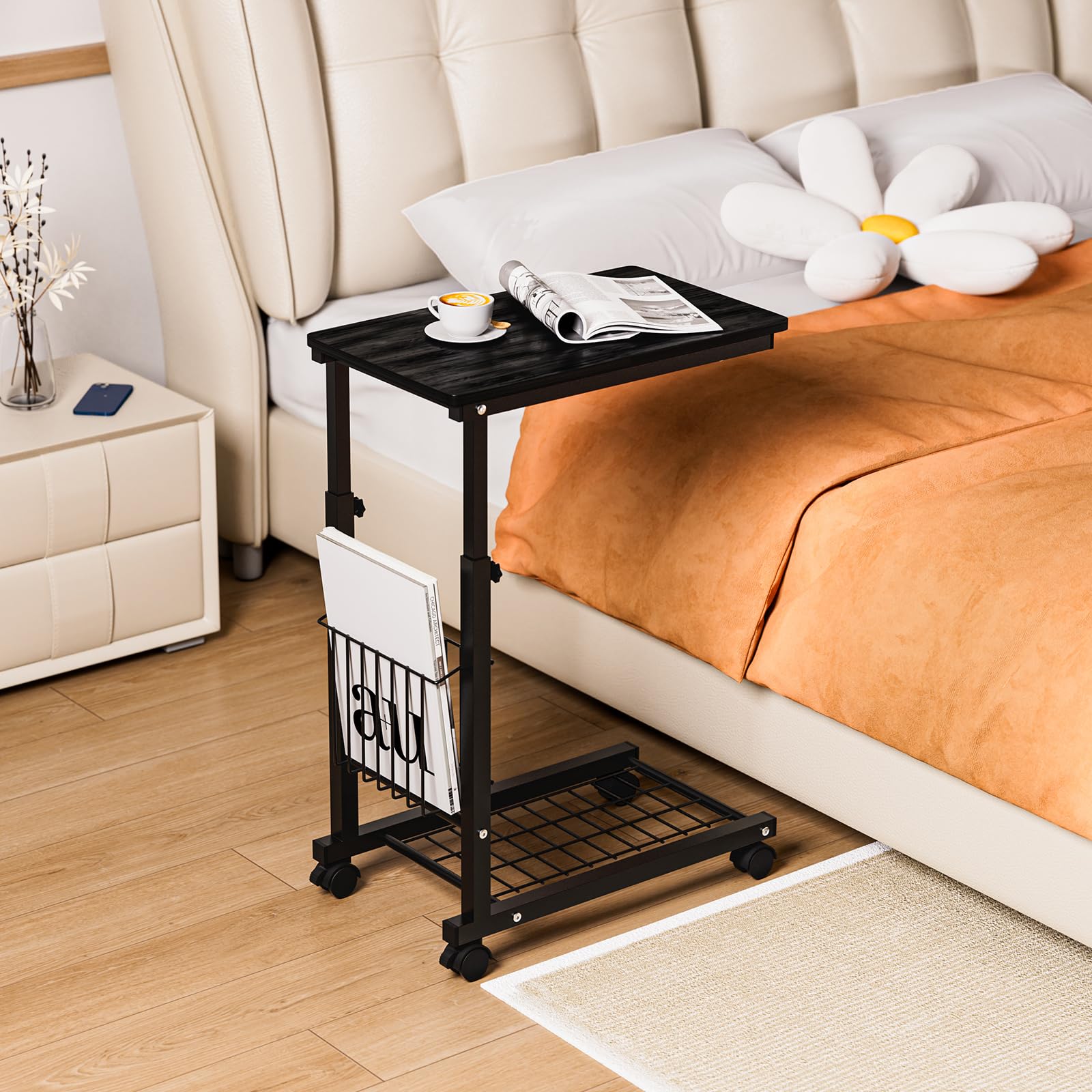 micoe C Shape Side Table Adjustable End Table with Side Basket and Bottom Mesh Storage Design Four Swivel Wheels with Brakes, Metal Frame MDF Wooden Board,