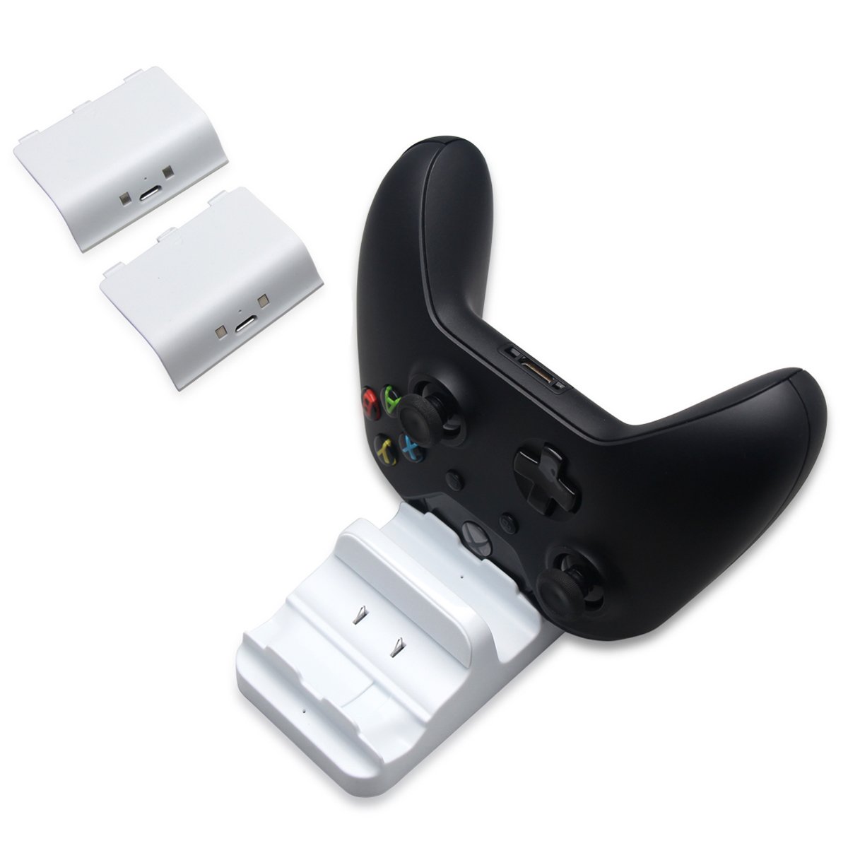 Megadream Xbox One Dual Charging Charger Docking Station Stand, 2 x 300mAh Rechargeable Battery Pack & Charge Cable for Microsoft Xbox One, Xbox One Slim, Xbox One X, Xbox One Elite Controller - White