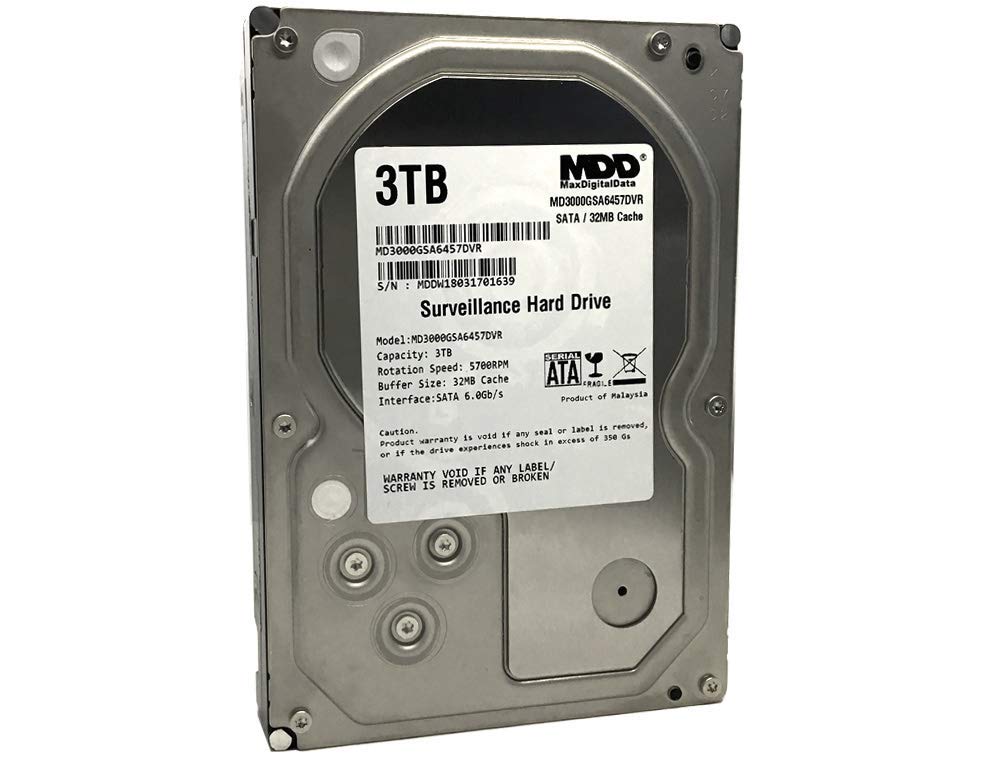 MaxDigitalData 3TB 32MB Cache 5700PM SATA 6.0Gb/s 3.5" Internal Surveillance CCTV DVR Hard Drive (MD3000GSA3257DVR) - 2 Year Warranty (Renewed)