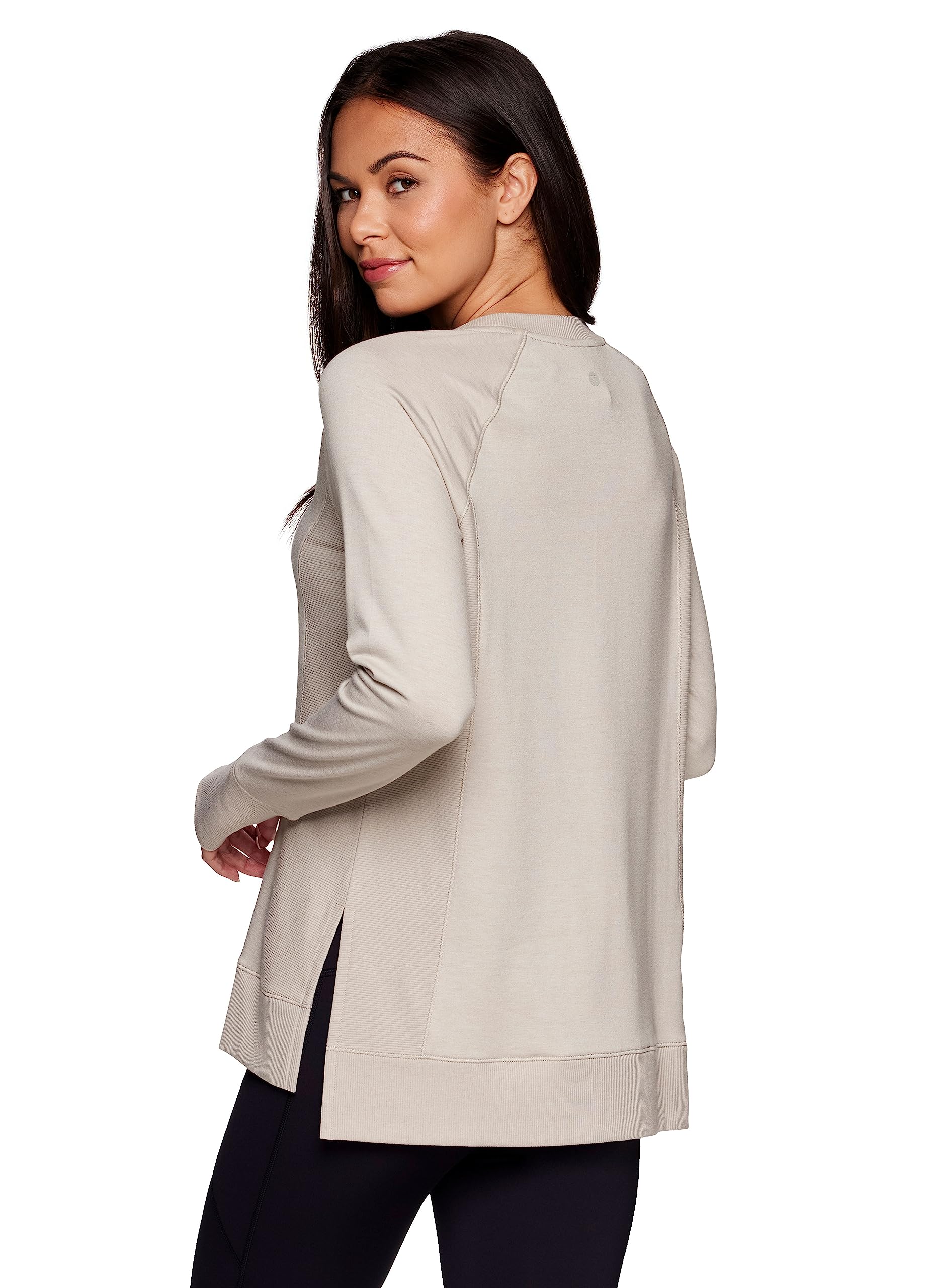 RBX Active Women's Yoga Tunic Sweater for Women Lightweight French Terry Sweatshirt Pullover Long Sleeve Top with Thumbholes, Ribbed Side Teal-Grey Heather S
