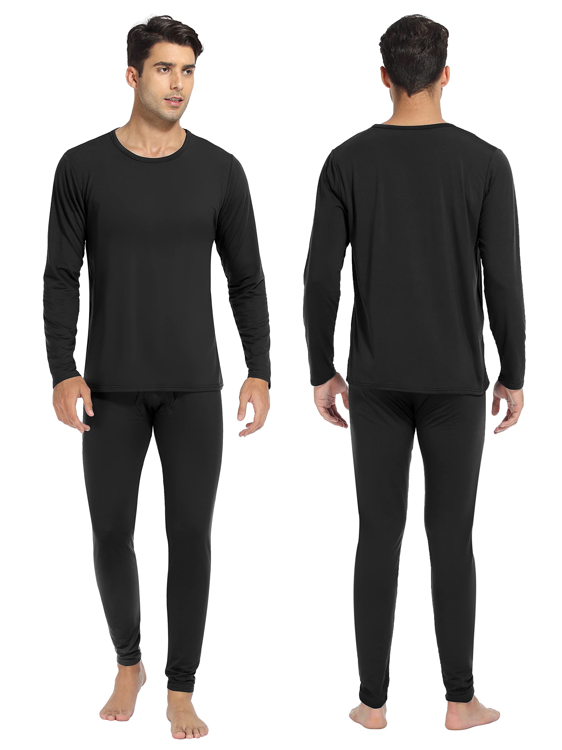 URATOT 2 Sets Men's Thermal Underwear Set Fleece Lined Thermal Underwear Soft Long Johns Top Bottom Set for Men Cold Winter Black