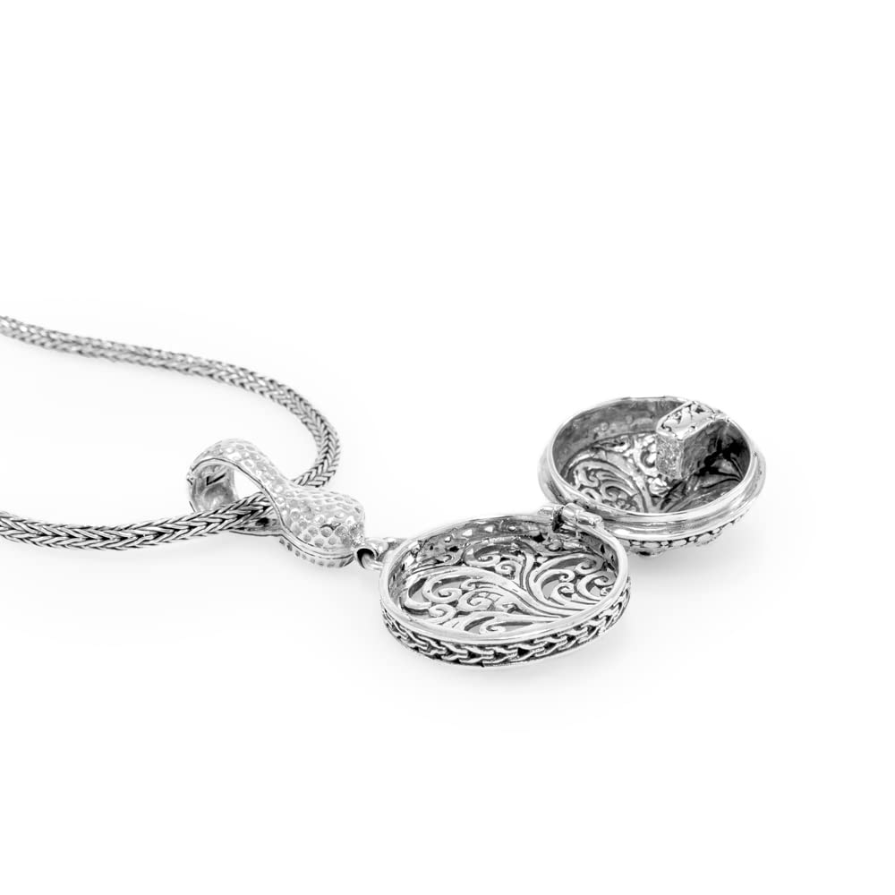 SARDA - .925 Sterling Silver 2" x 1" Frangipani Flower Hammered Chain Link Jawan Round Domed Locket Enhancer Pendant - Handmade by Bali Artisans