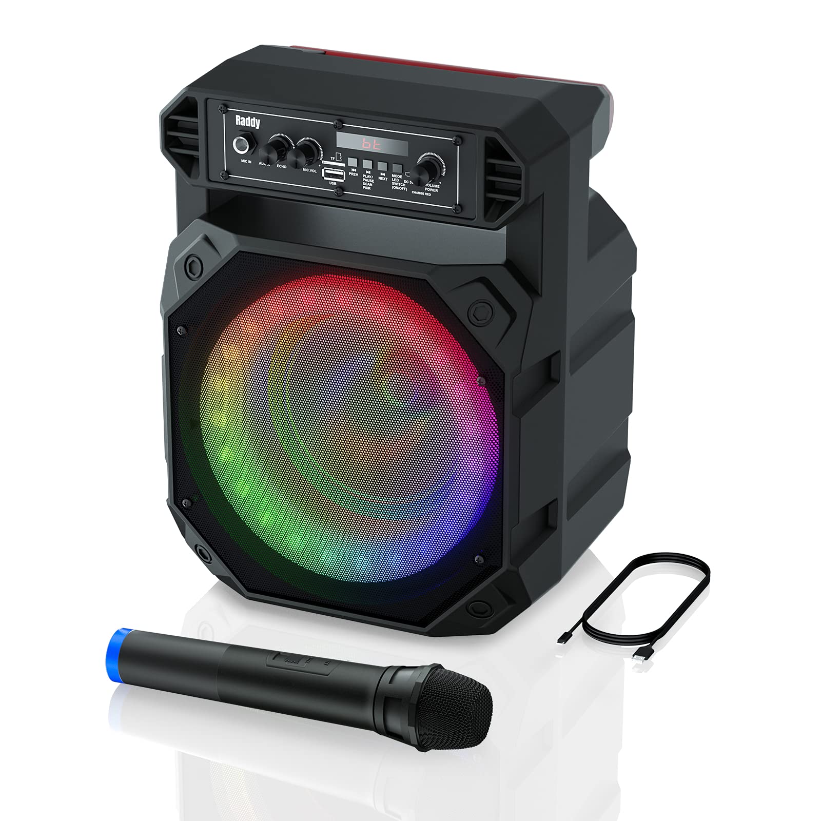 Raddy RS68 Portable Karaoke Machine with Low Noise Wireless Microphone, PA System Rechargeable Bluetooth Speaker with LED Lights for Christmas Birthday Gift Home Party, Supports TF Card/USB/AUX