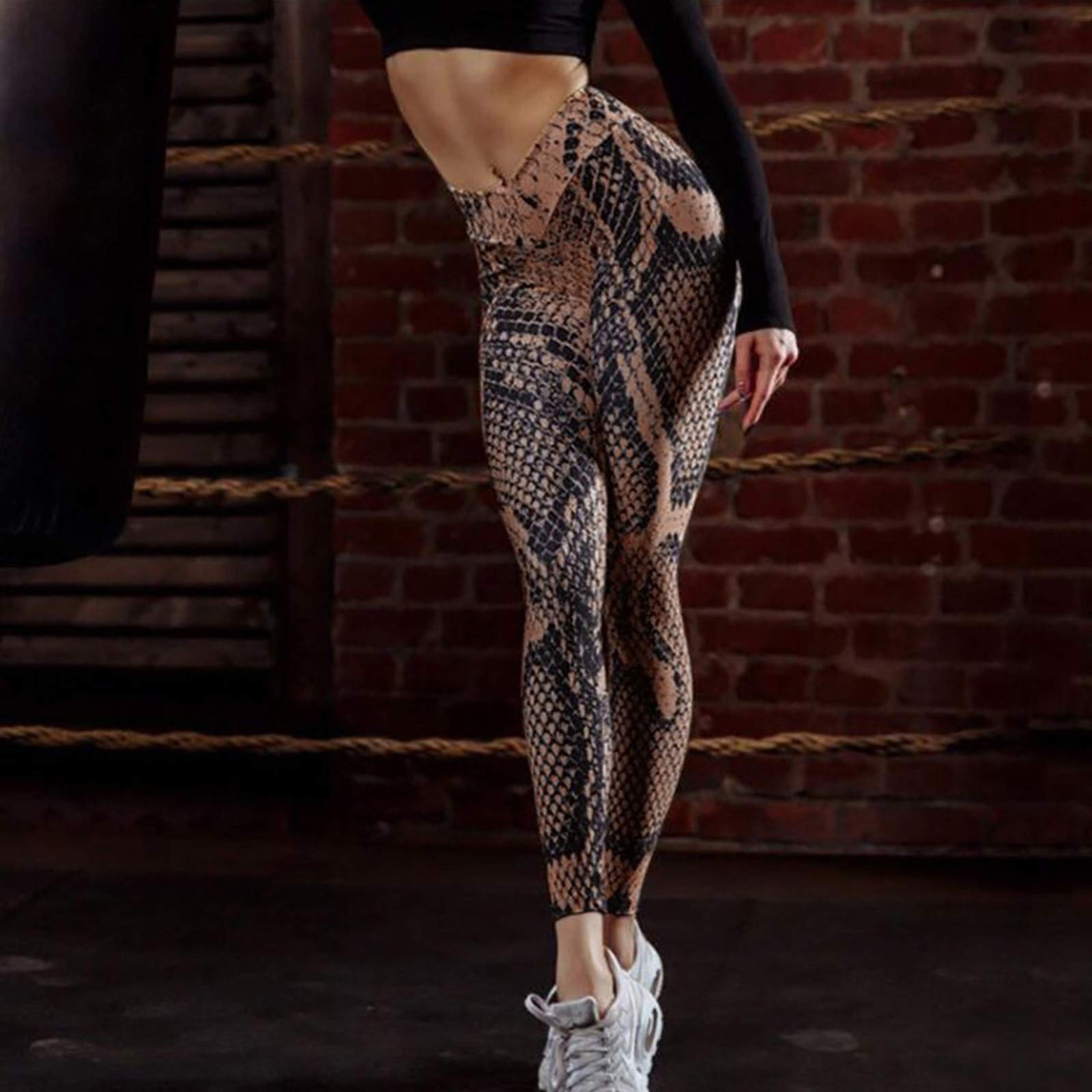Slim Snakeskin Printed Leggings for Women Tummy Control Butt Lift Squat-Proof Yoga Joggers Workout Running Tights Brown