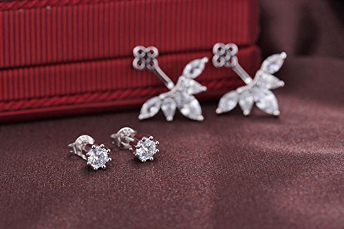 megko 925 Sterling Silver Cubic Zirconia Earrings Leaf Feather Ear Jacket Front Back Ear Cuffs Stud Earring(silver)