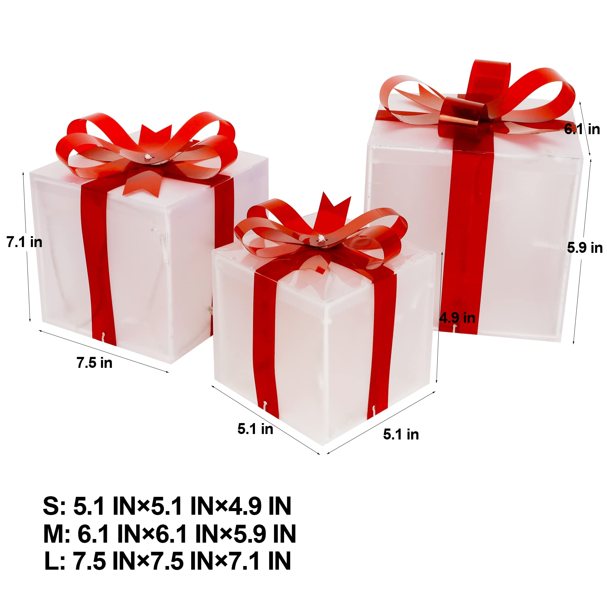 Lulu Home Decor, 60 LEDs Light Up Boxes with Red Bows, Plug-in Warm White Lighted Xmas Boxes for Christmas Tree Holiday Party Indoor Outdoor Decors, Set of 3