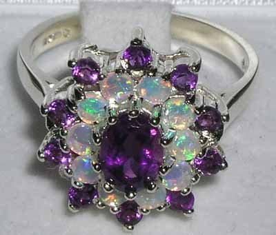LetsBuyGold 925 Sterling Silver Real Genuine Amethyst and Opal Womens Band Ring - Size 7