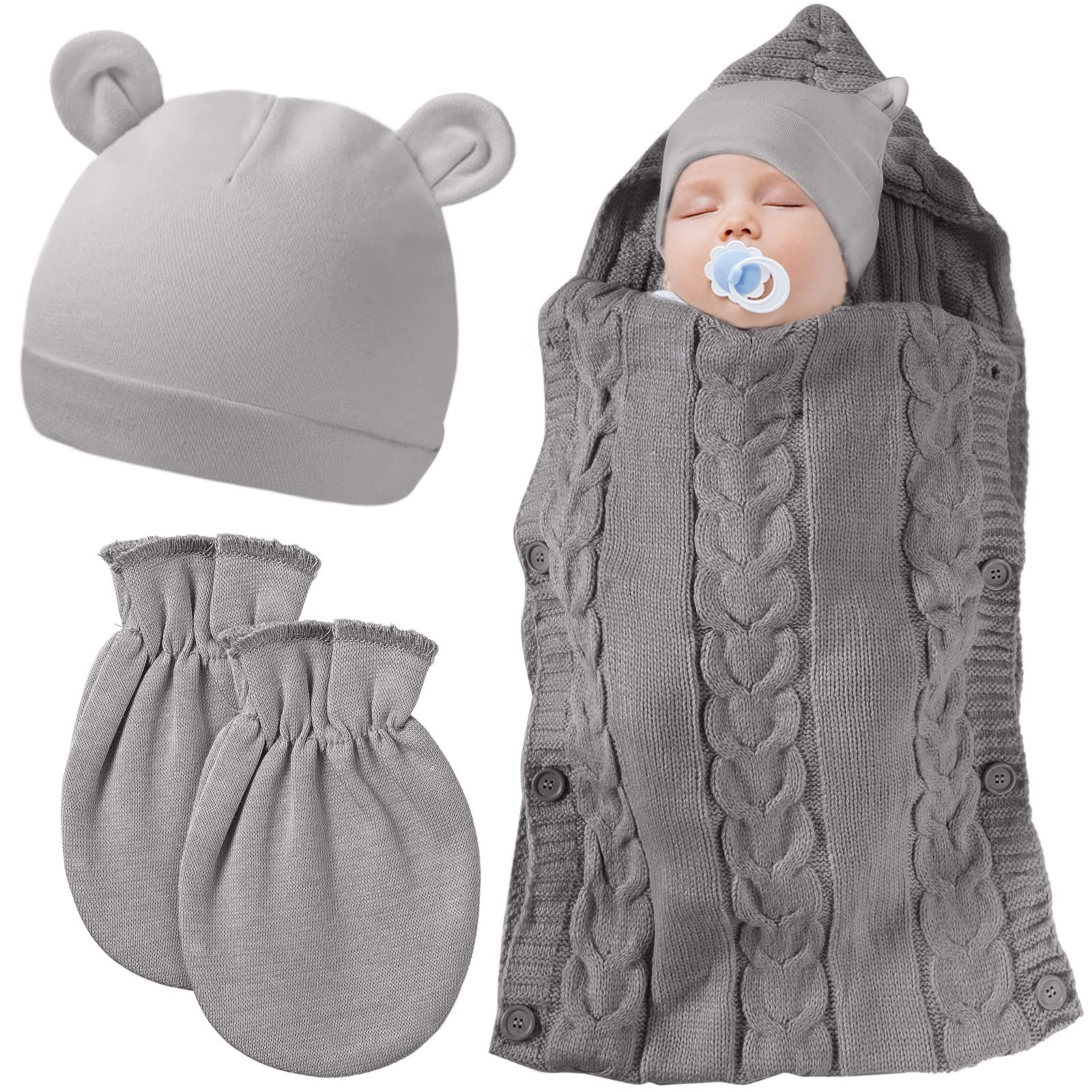 Zhanmai Newborn Baby Wrap Swaddle Blanket Knit Sleeping Bag Receiving Blankets Stroller Wrap Hat Mitten for Baby 9-12 Months