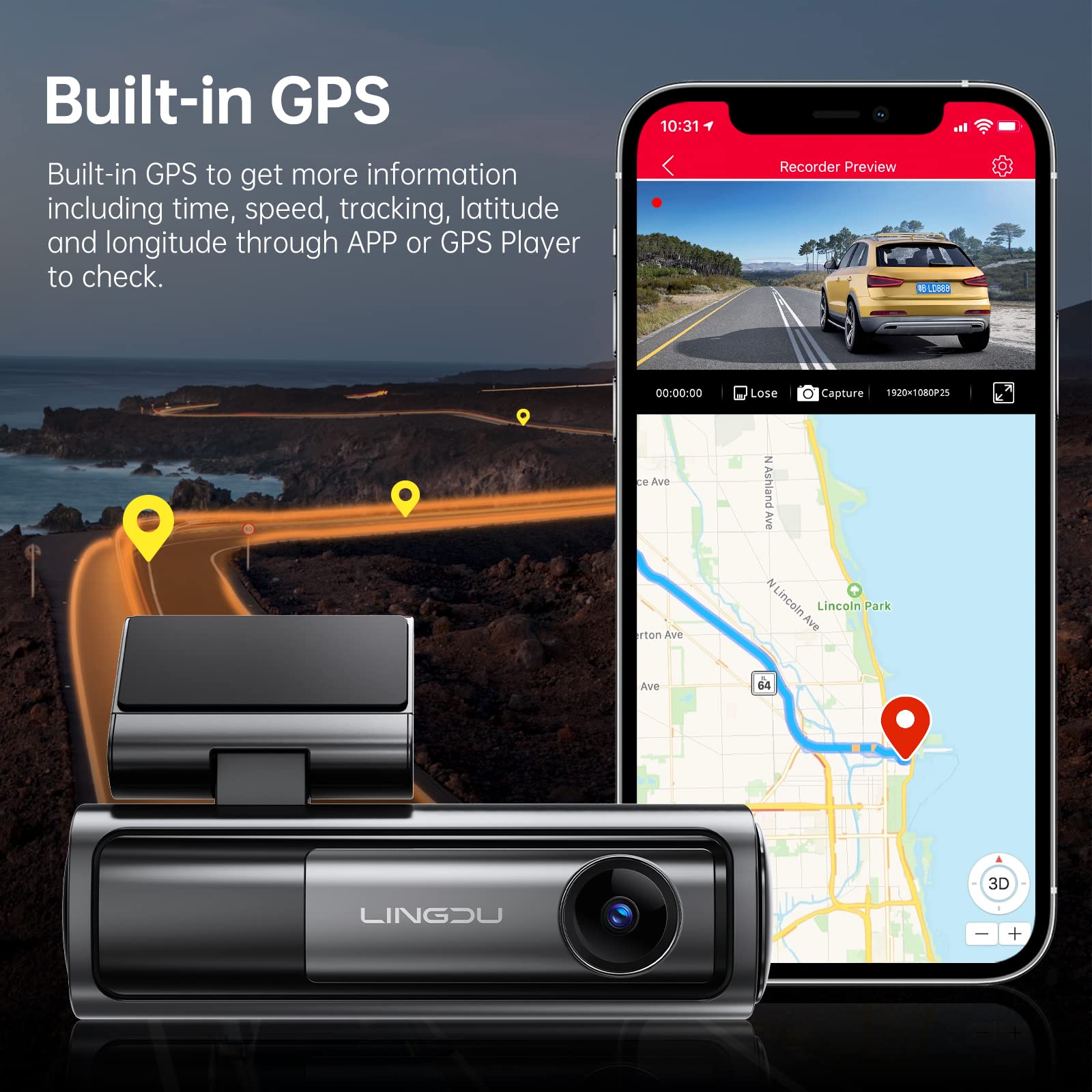 LINGDU LD06 5K Dash Cam, Real 4K+2K Dash Cam Front and Rear, Dash Camera for Cars Include 64GB Card, Built in 5GHz WiFi GPS, Voice Control, Super Night Vision, WDR, Parking Mode