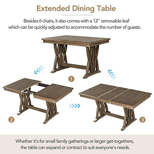 LUMISOL 7 Piece Dining Table Set Mid Century Style Extendable Kitchen Dining Set for 6-8 Persons with 12" Leaf Solid Wood Dining Table Set with 6 Chairs, Golden Brown