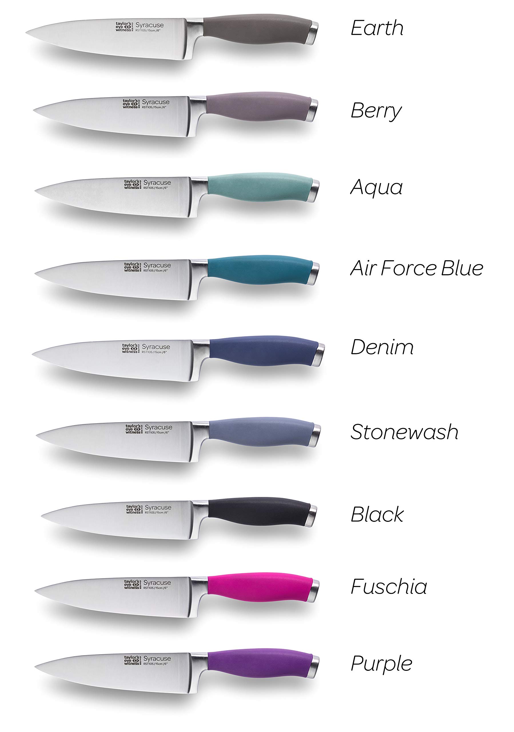 Taylors Eye Witness Syracuse Kitchen Knife 3pce Set - Paring 8cm/3.5”, Chefs 15cm/6” & Cooks All Purpose 13cm/5” Cutting Edge. Ultra Fine, Razor Sharp Blade. Soft Textured Grip Purple Colour Handle