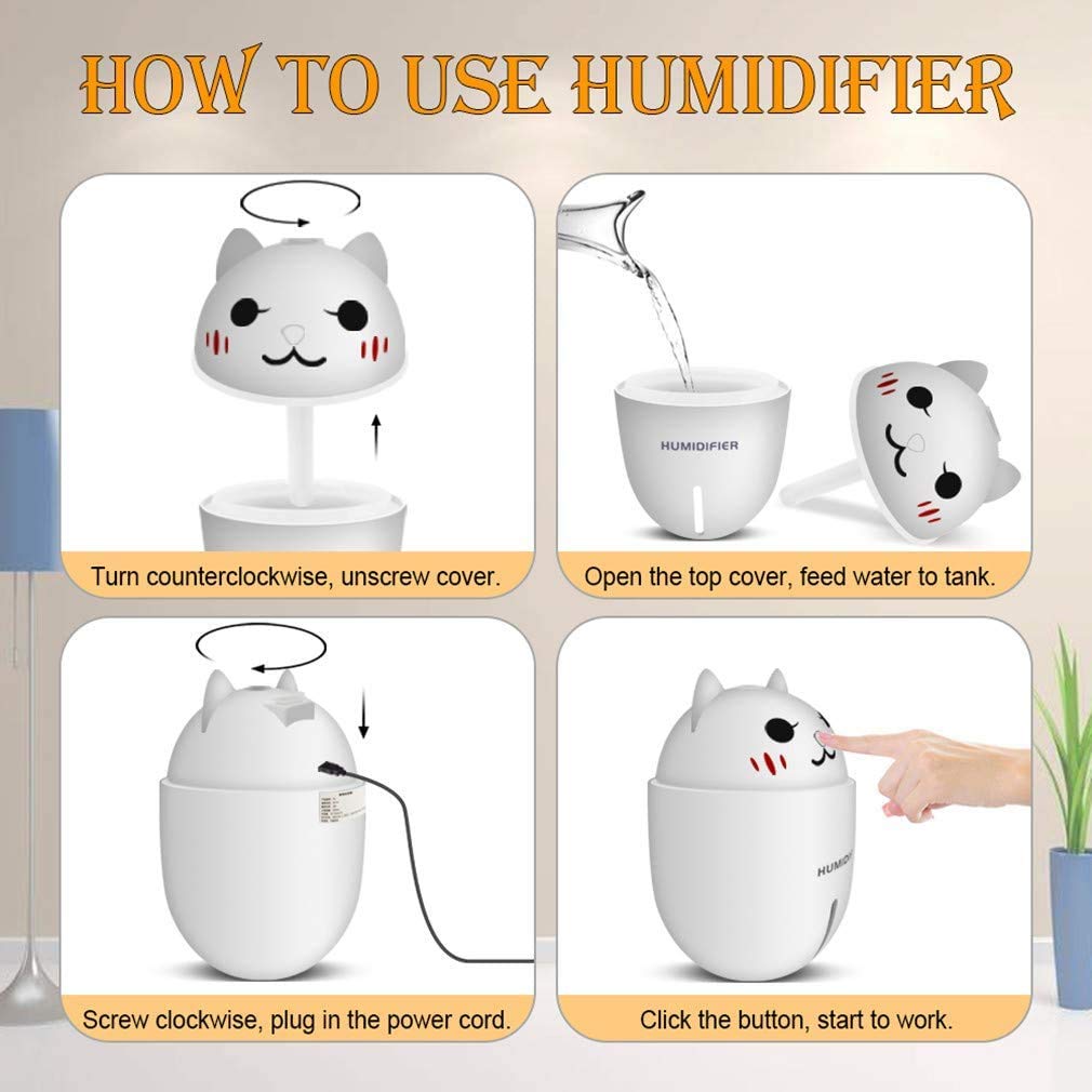 Mini USB Humidifier, Small Humidifier, Mist Humidifier, 3-in-1 Air Purifier Aroma Essential Oil Diffuser Air Freshener with Filter, Fan and Night Light Function Whisper Quiet Operation Automatic