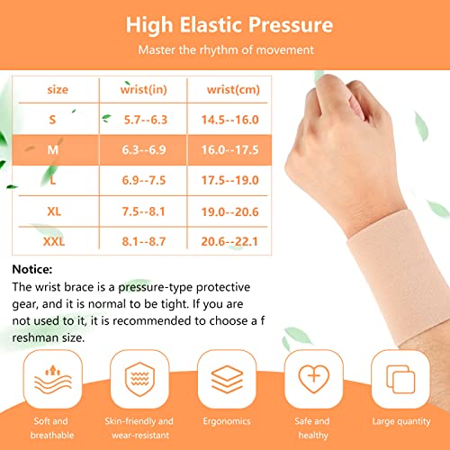 SATINIOR 2 Pairs Compression Wrist Sleeve Compression Wrist Brace Wrist Supports Wrist Wraps Elastic Wristbands for Men and Women Tennis, Tendonitis, Carpal Tunnel (Beige, Medium)