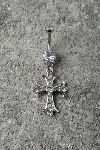Pierced Owl 14G 316L Surgical Steel Celtic Cross with Paved Gems Dangling Belly Button Ring (Silver Tone)